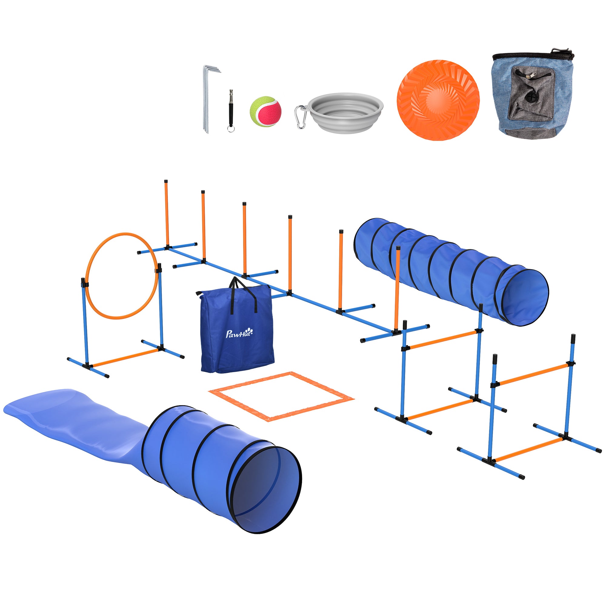 PawHut 11-Piece Dog Agility Set — Adjustable Jumps, 2 Tunnels, Hoop ...
