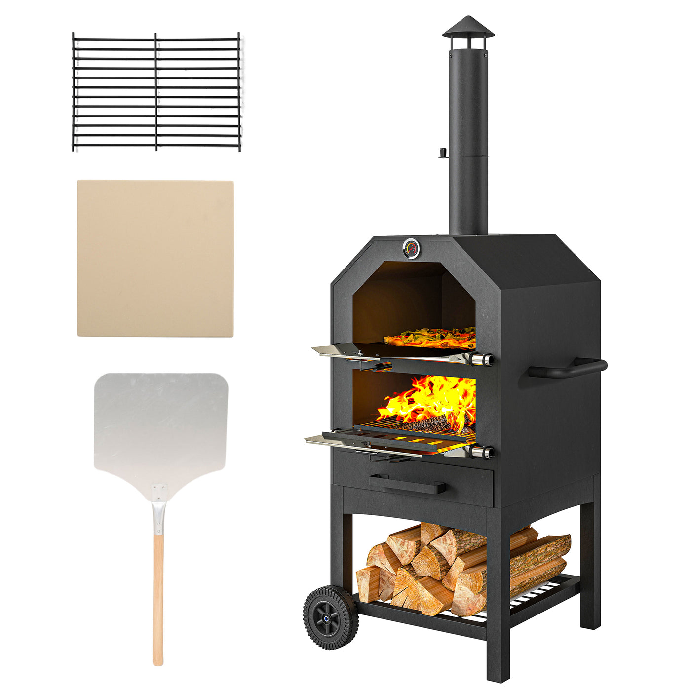 Outsunny 2-in-1 Pizzaoven Buiten met Wielen Grilloven met Deksel ...