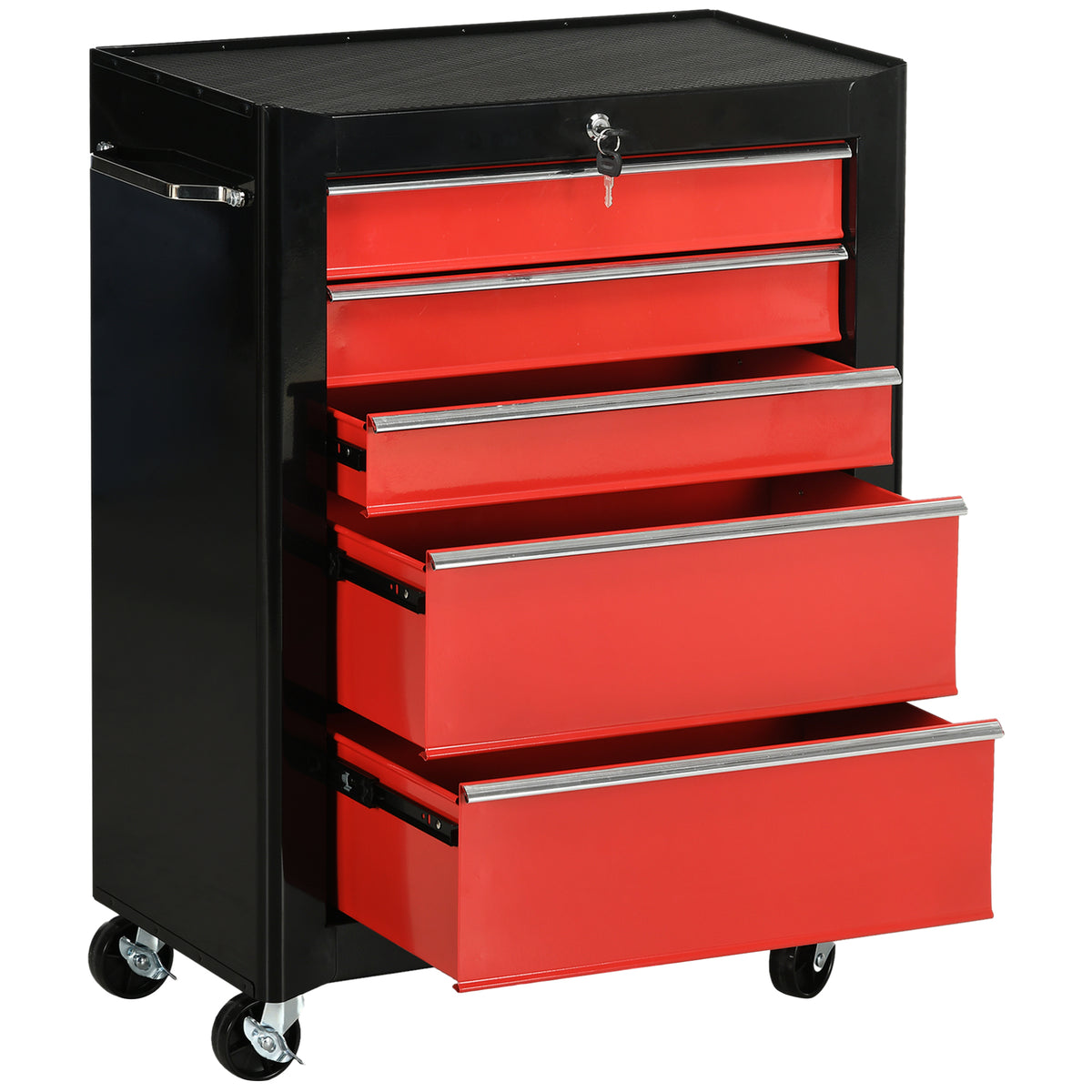 HOMCOM 5-Drawer Steel Workshop Trolley – Lockable Mobile Tool Cart with ...