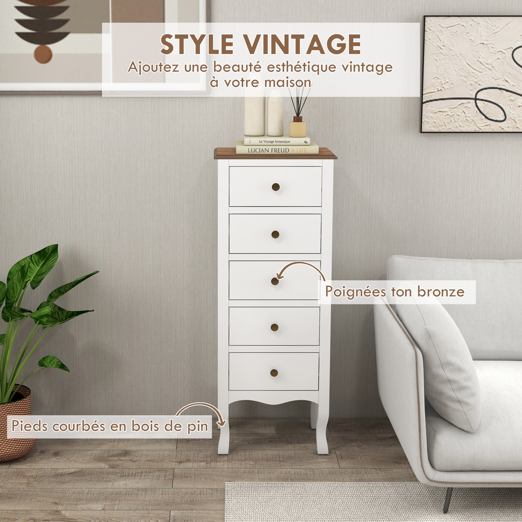 HOMCOM 5-Drawer Chest of Drawers Compact Storage Unit White with Brass ...