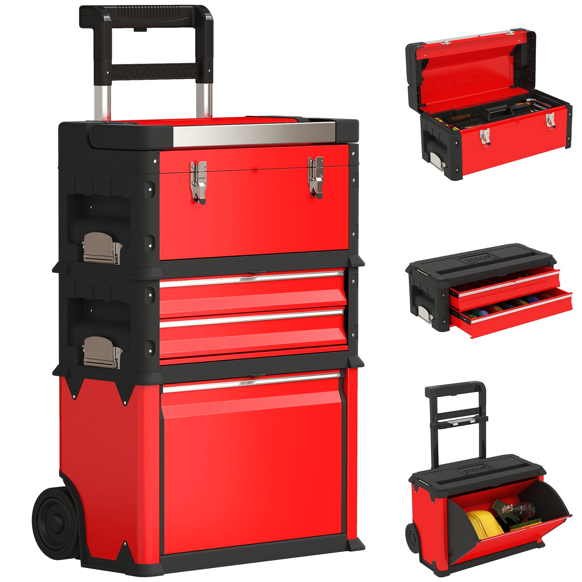 HOMCOM Tool Cart with Case Tool Trolley Empty with 3 Modular Units ...