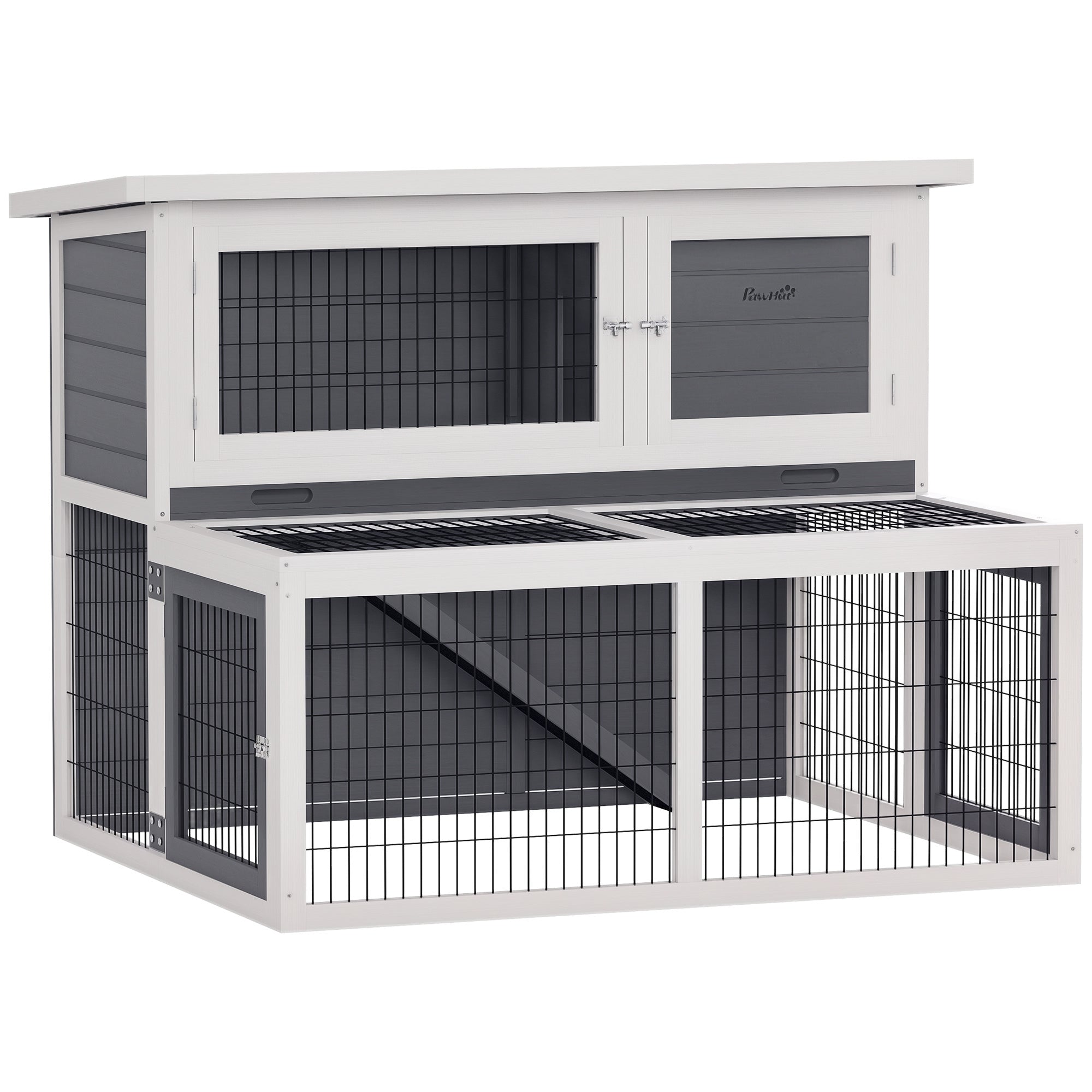PawHut Rabbit Hutch 2 Levels with Foldable Roof Rabbit Cage made of ...