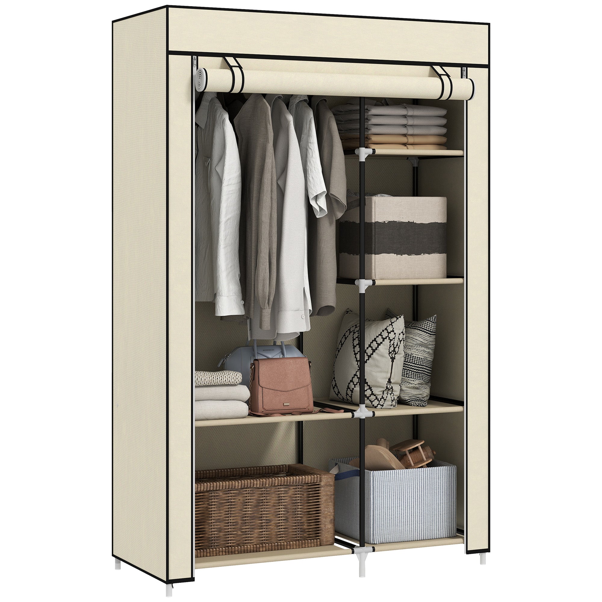 HOMCOM Wardrobe Fabric Wardrobe with 6 Shelves, Clothes Rail, Zipper ...
