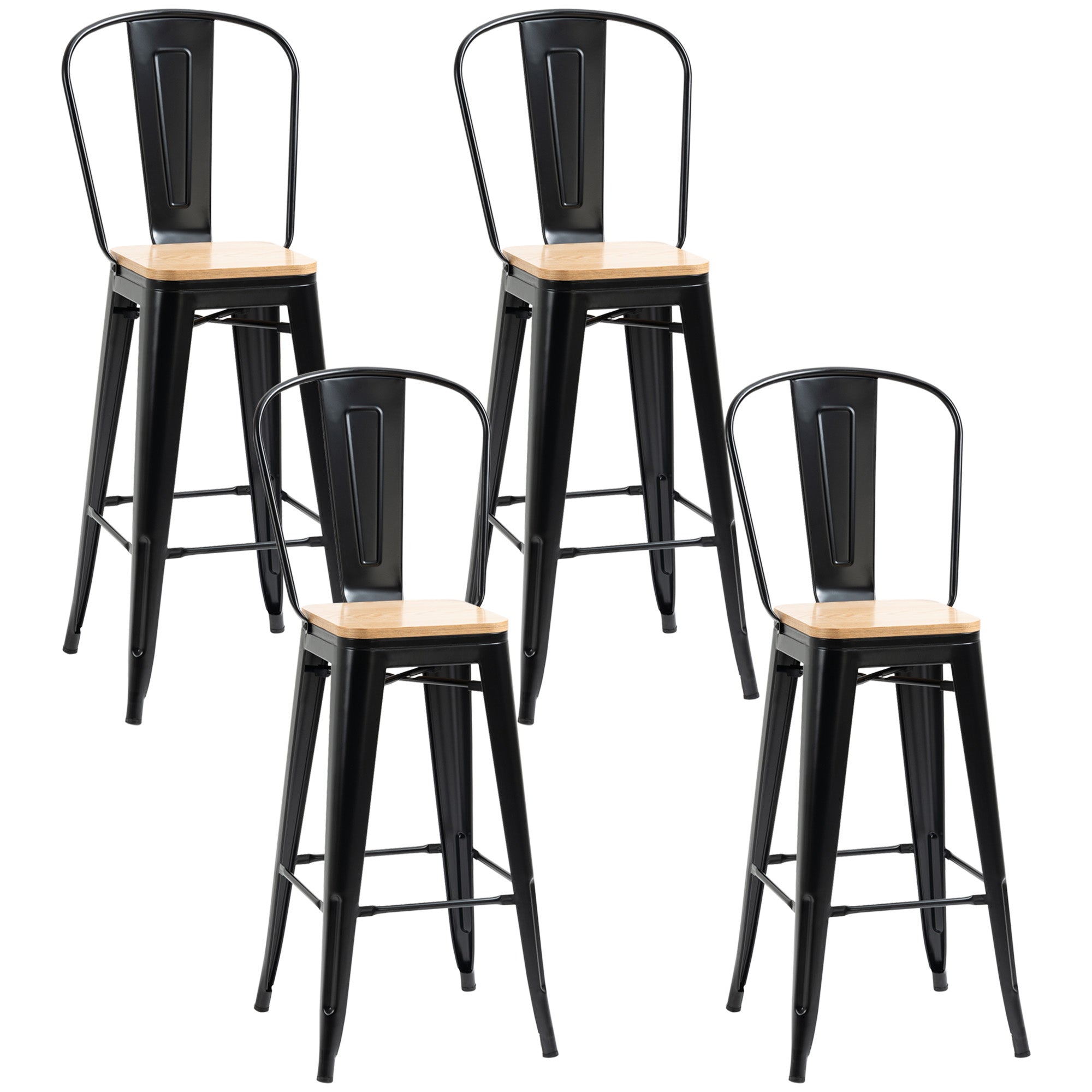 HOMCOM Set of 4 Industrial Bar Stools with Backrest Footrest Seat ...