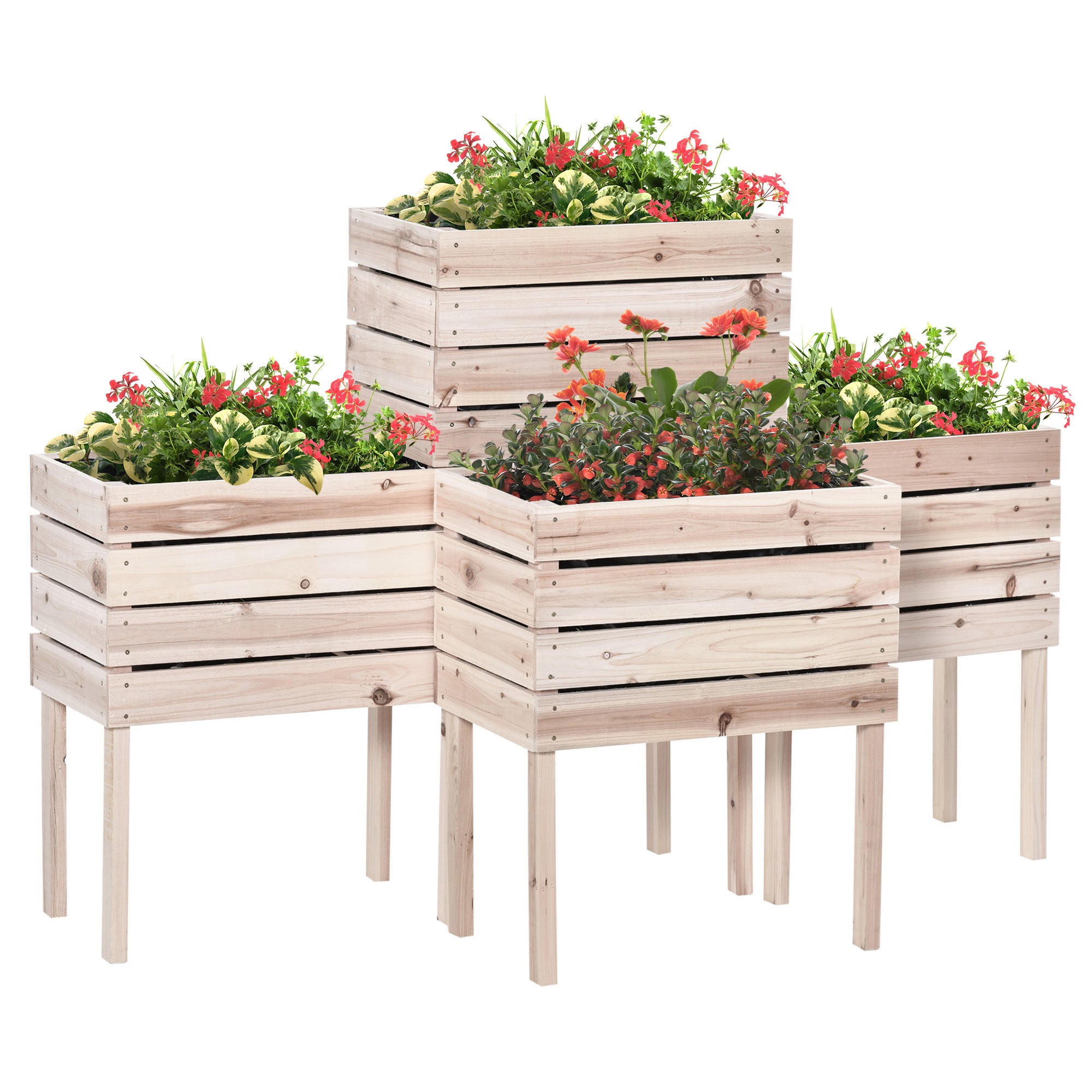 Outsunny 4-Piece Raised Bed Planters Wooden Planting Box 4 Combination ...